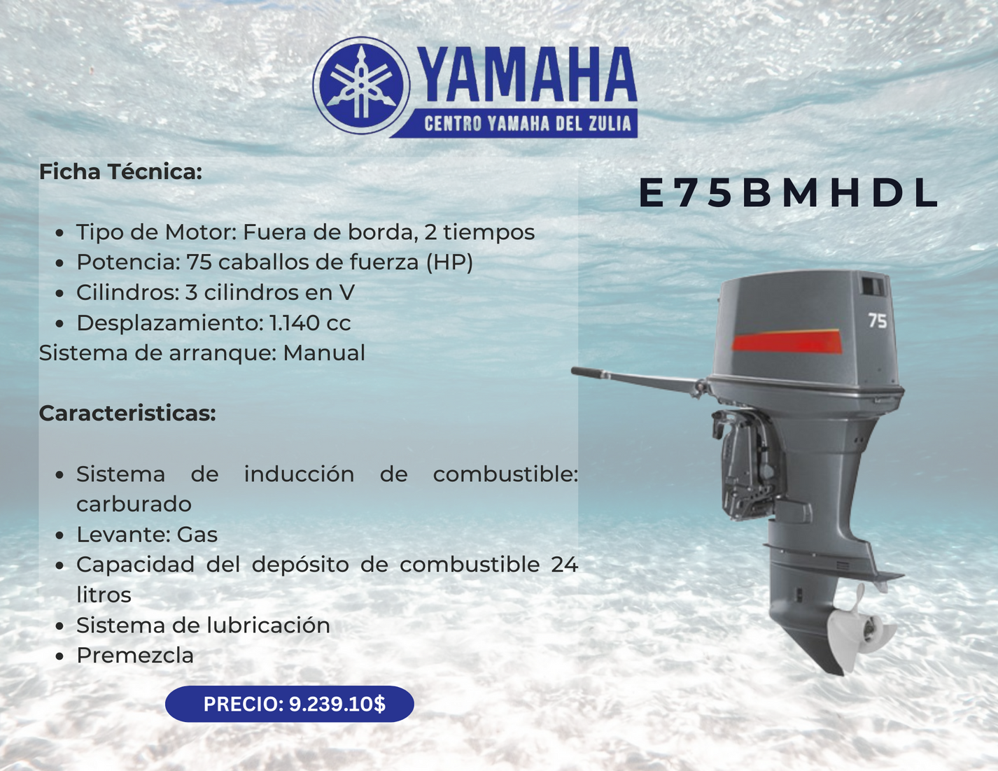 75HP MOTOR FUERA DE BORDA YAMAHA E75BMHDL – YAMAHA DEL ZULIA